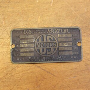 Vintage Industrial Brass U.S. Motors Machinery Tag Plaque Name Plate ...