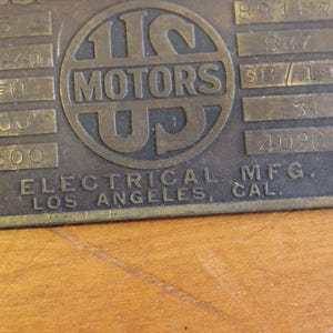 Vintage Industrial Brass U.S. Motors Machinery Tag Plaque Name Plate ...