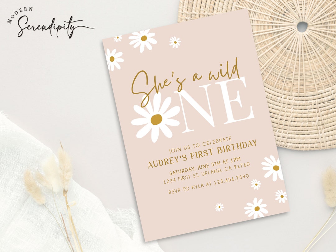 Daisy First Birthday Invitation She's a Wild One Floral Birthday Invite ...