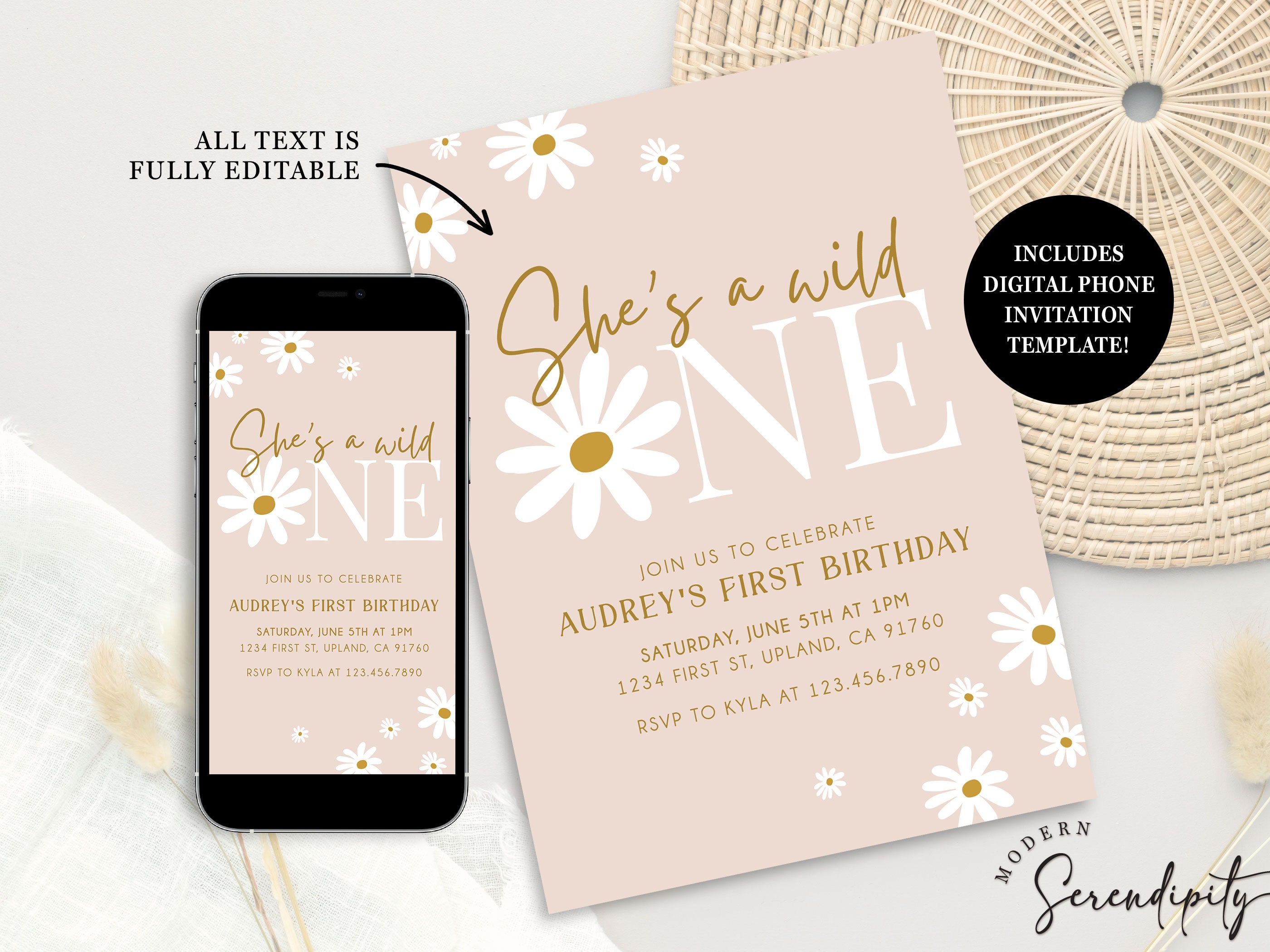 Daisy First Birthday Invitation She's a Wild One Floral Birthday Invite ...