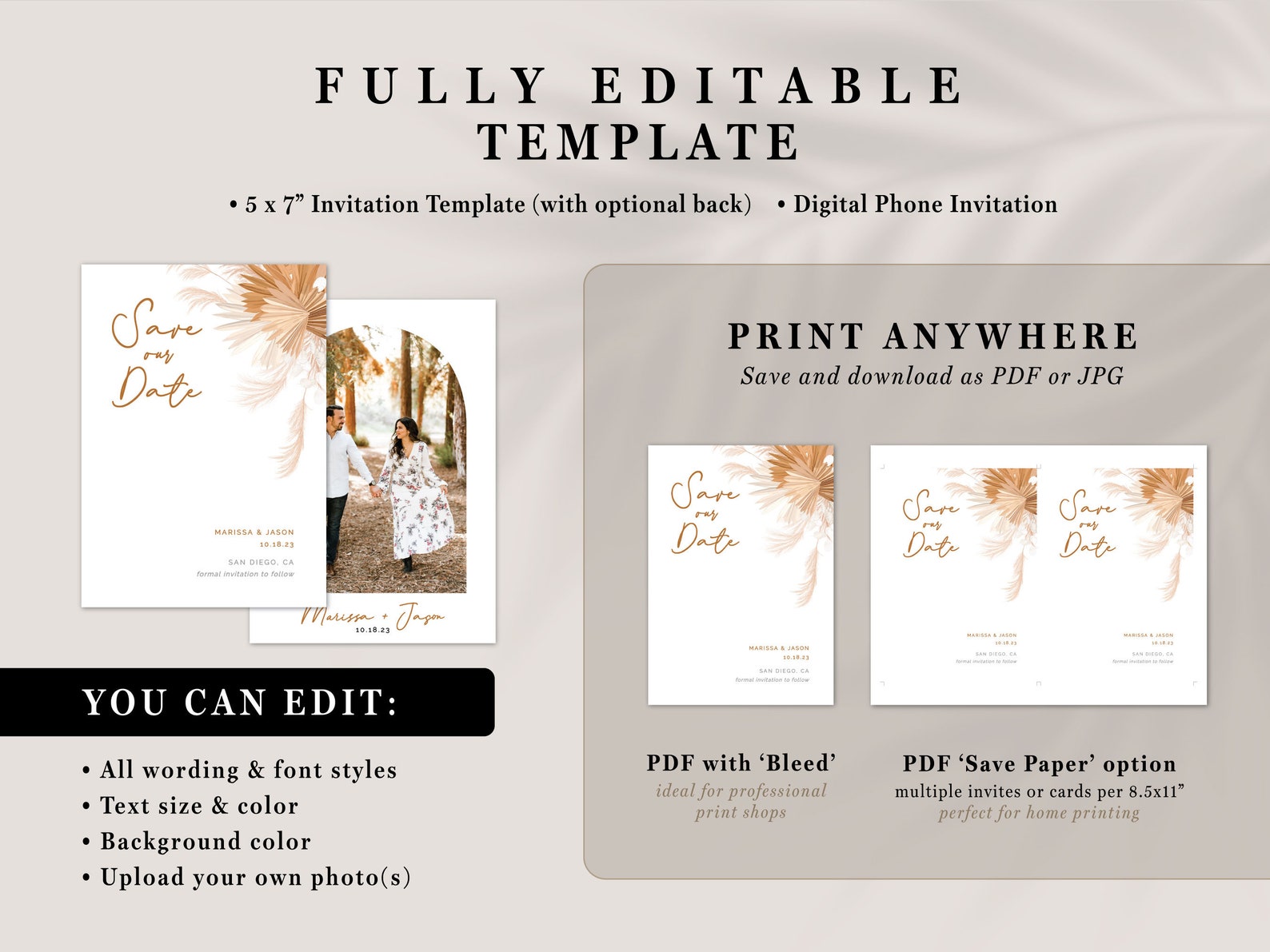 Save the Date Boho Minimalist Photo Template Boho Palm Wedding ...