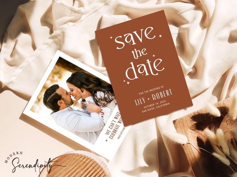 Save the Date Retro Terracotta Photo Template Modern Terracotta Wedding ...
