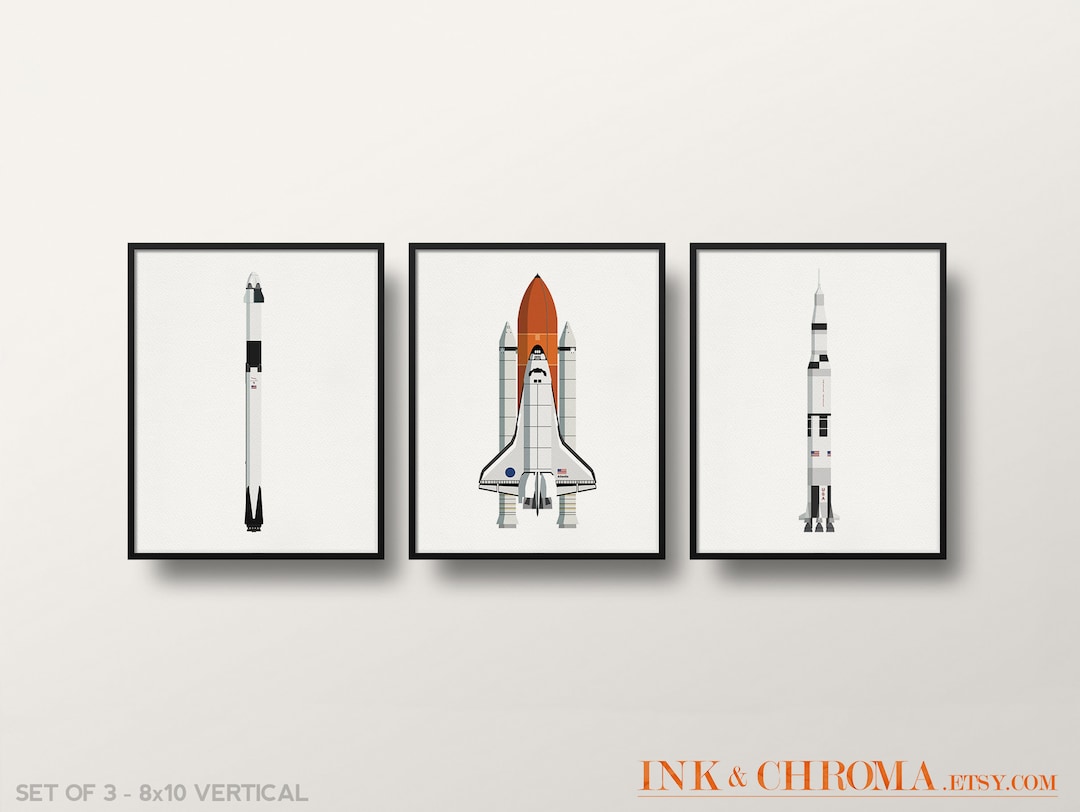 Set of 3 Space Rocket Prints, Saturn V, Spacex Falcon 9, NASA Space ...