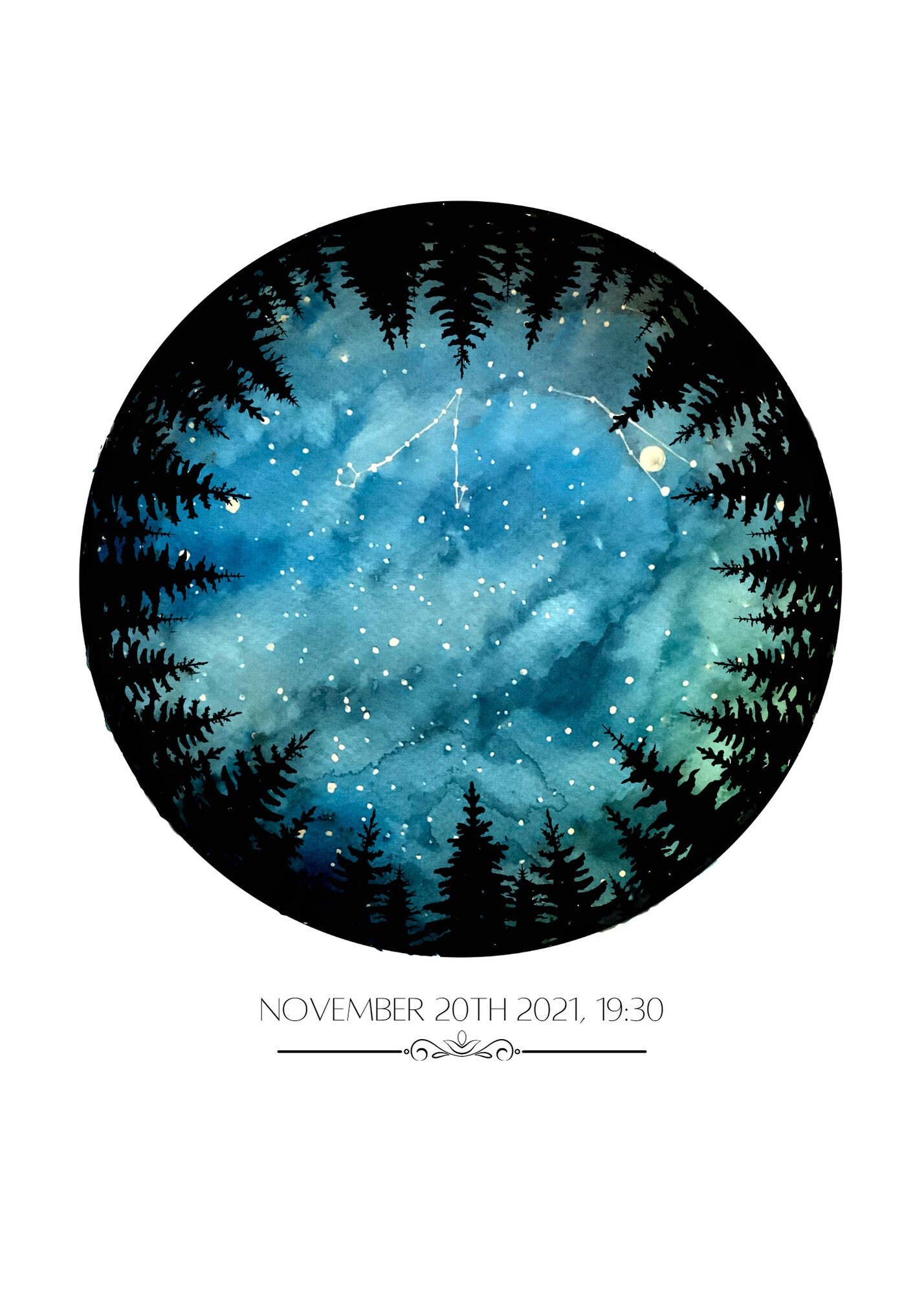 Digital star alignment constellation watercolor map with chosen zodiac ...