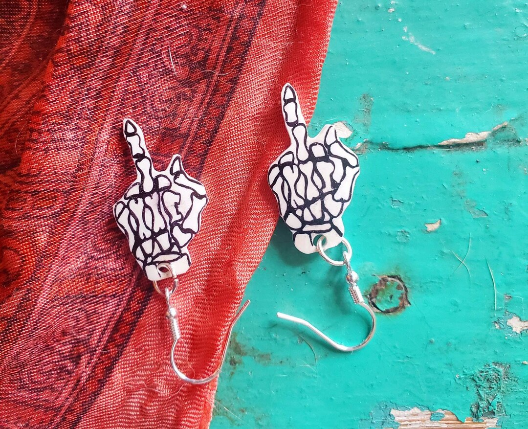 Middle Finger Earrings, Skeleton Swear Earrings on Silver Plated Ear ...