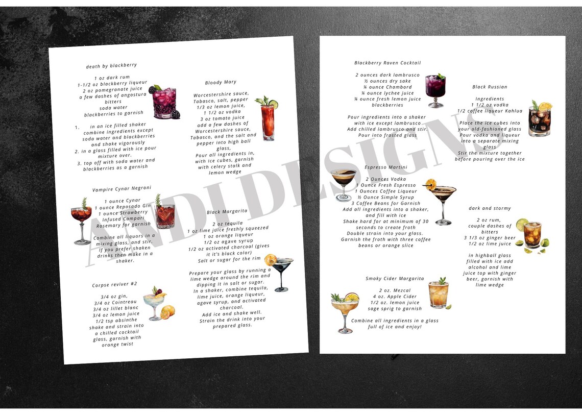 Gothic Drink Menu With Dark Theme Drinks, Drink List With Recipes and ...