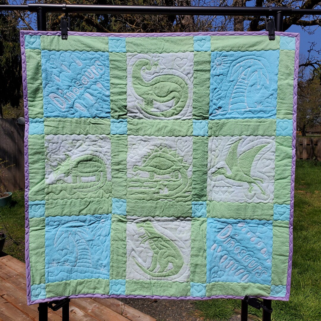 Blue Green Dinosaur Baby Quilt, Stegosaurus T-rex and Pterodactyl Theme ...