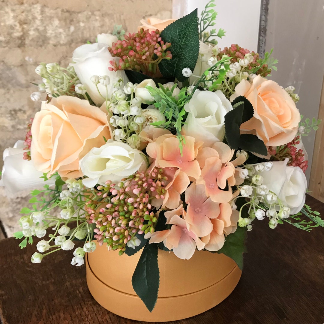 XL Gold Hat Box Featuring Peach and Cream Flowers - Etsy
