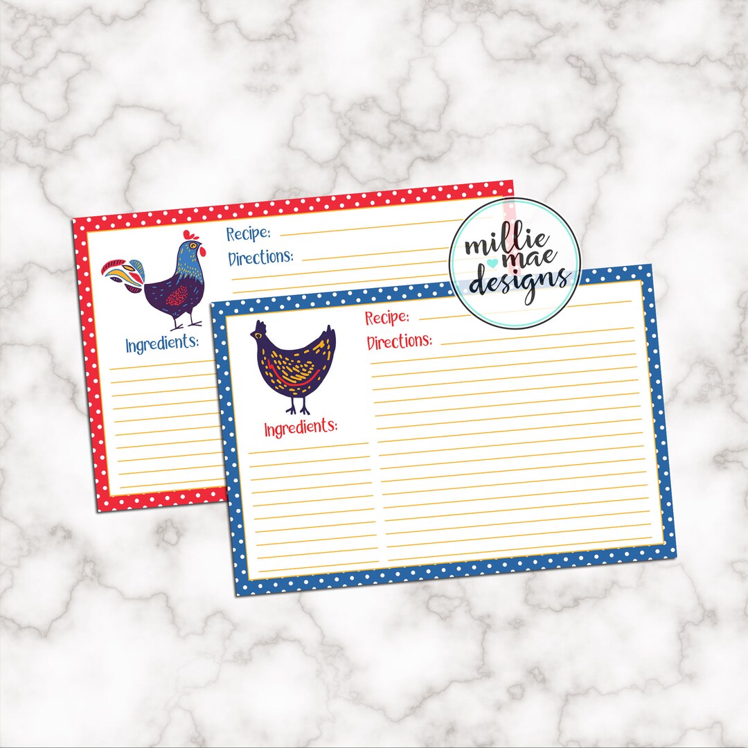 INSTANT DOWNLOAD Folk Rooster and Hen Recipe Cards - Etsy