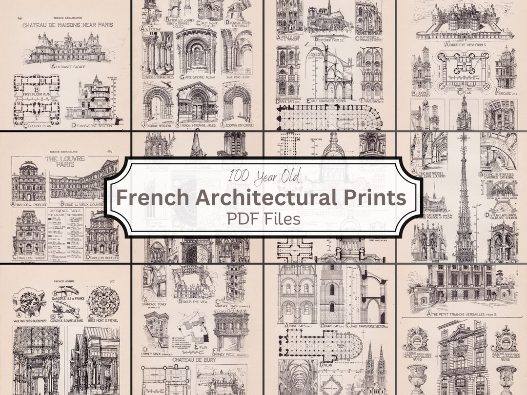 Antique French Architectural Prints for Gel Plate Printing, Art ...