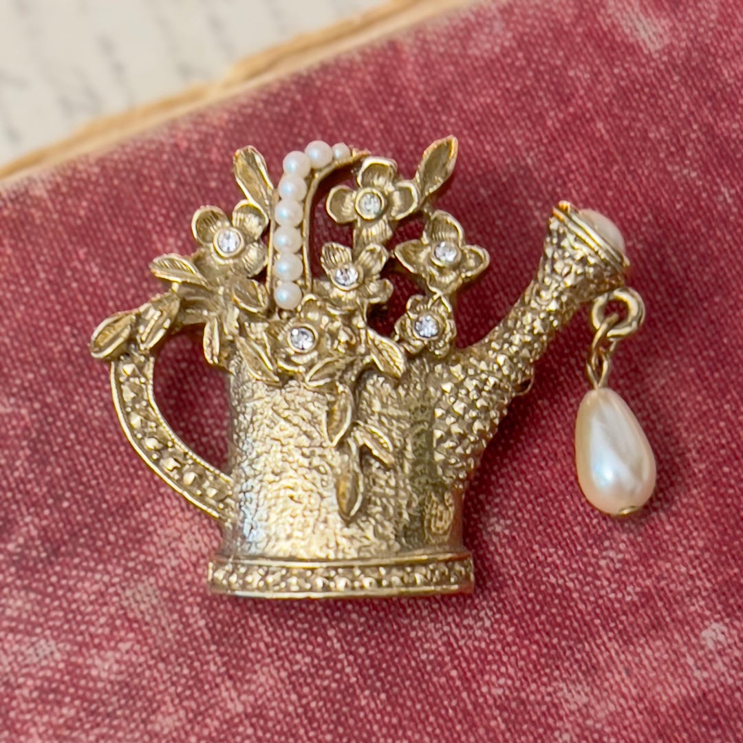 Vintage 1928 Watering Can Brooch: Gold Tone Rhinestone & Faux Pearl - Etsy