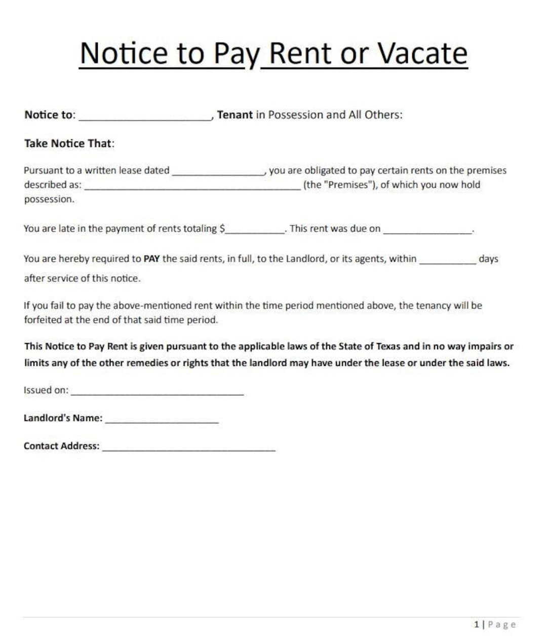 Notice to Pay Rent or Vacate - Etsy