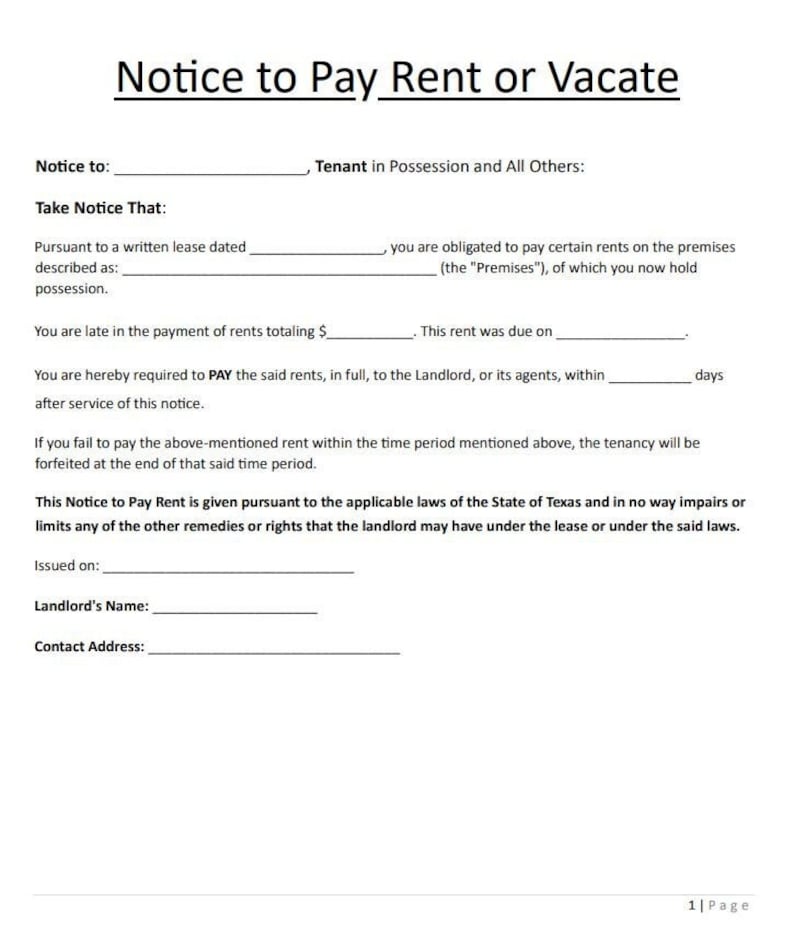 Notice to Pay Rent or Vacate - Etsy