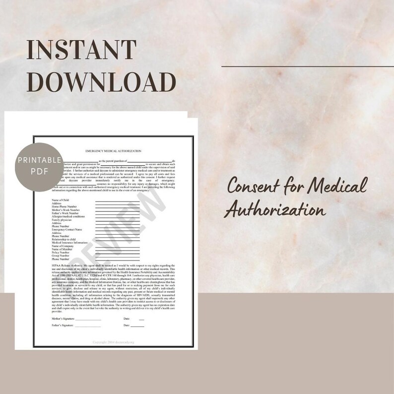 Parental Consent Form - Medical Authorization - Etsy