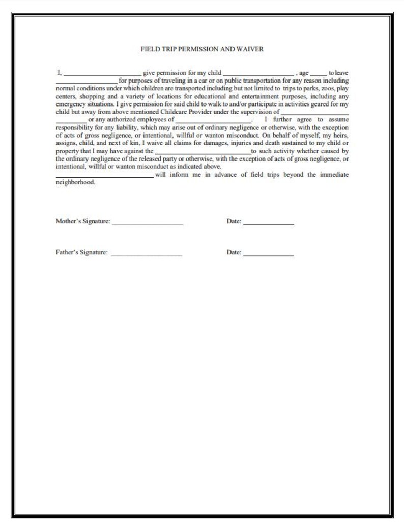 Field Trip Permission and Waiver- Parental Consent Form - Etsy