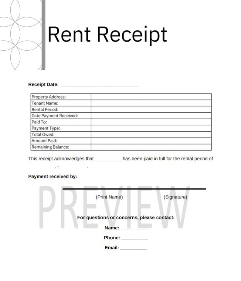RENT RECEIPT FORM - Etsy