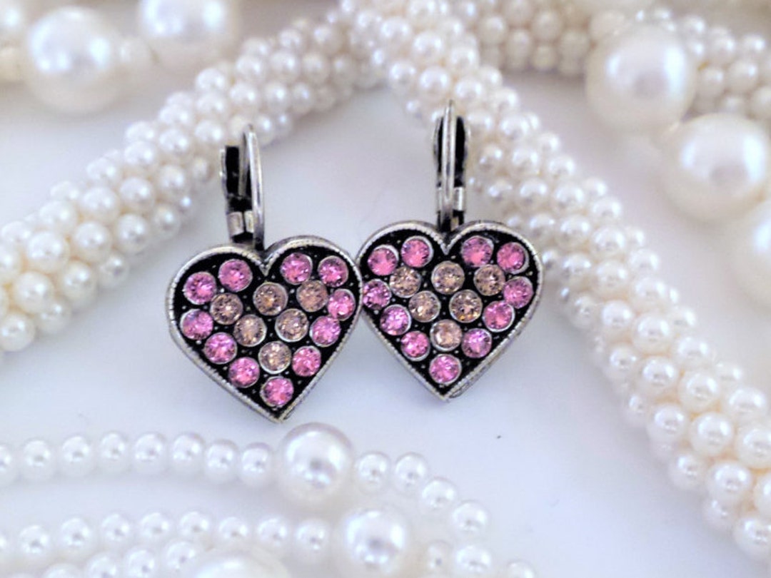 Crystal, Heart Lever Back Earrings, Antique Silver, Blush Rose, Rose ...