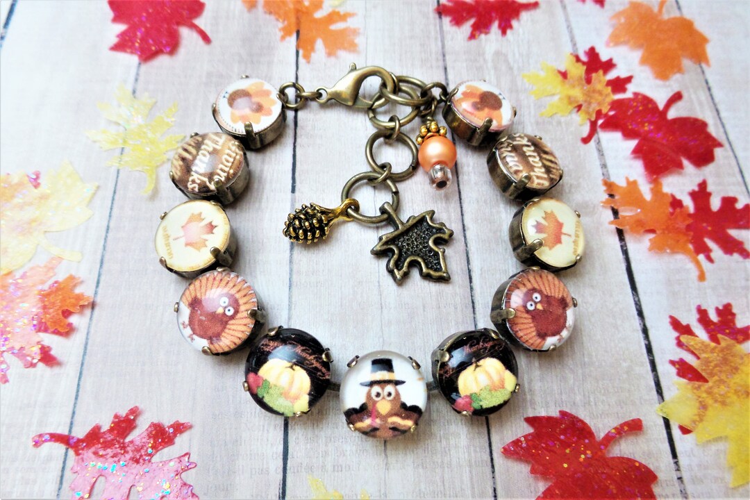 Happy Turkey Day, 12 Mm Bracelet, Glass, Thanksgiving, Holiday, Jewelry ...