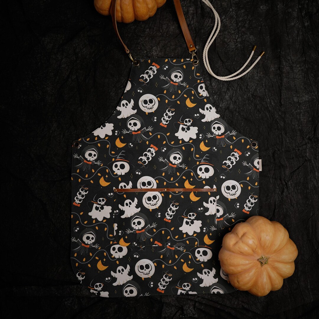 Spooky Halloween Apron With Ghosts and Skulls – Canvas Apron With ...