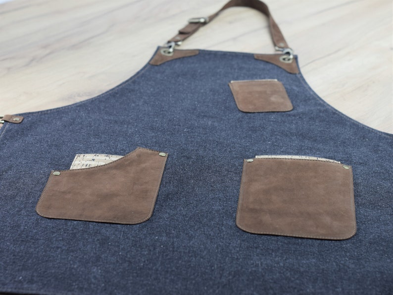 Denim Apron With Suede Leather Pockets Barista Apron for Men - Etsy