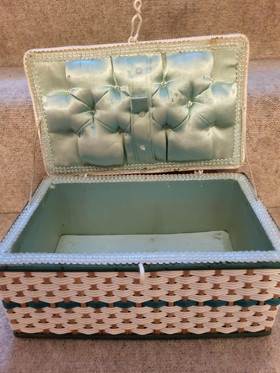 Vintage Sewing Box,1950s Vinyl and Wooden Padded Satin Interior Sewing ...