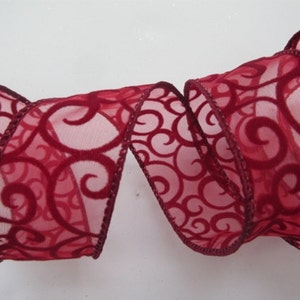 Red Sheer Ribbon With Velvet Scroll Wired 1 1/2" Inch Wide Christmas ...