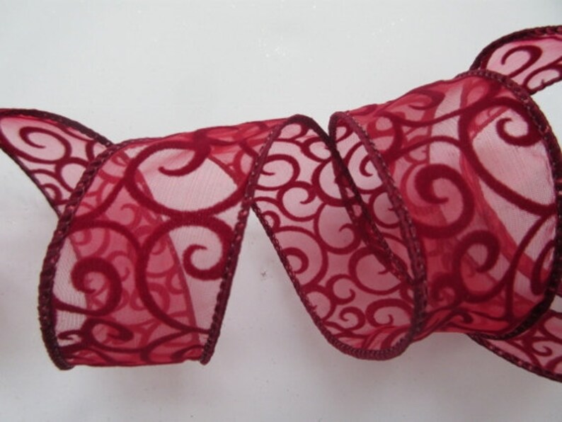 Red Sheer Ribbon With Velvet Scroll Wired 1 1/2 Inch - Etsy