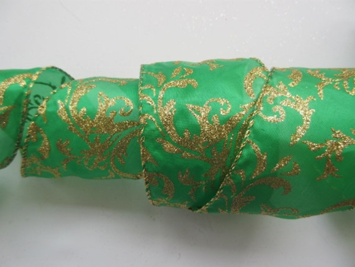 Green Ribbon With Gold Glitter Wired 2 1/2 Inch Wide - Etsy