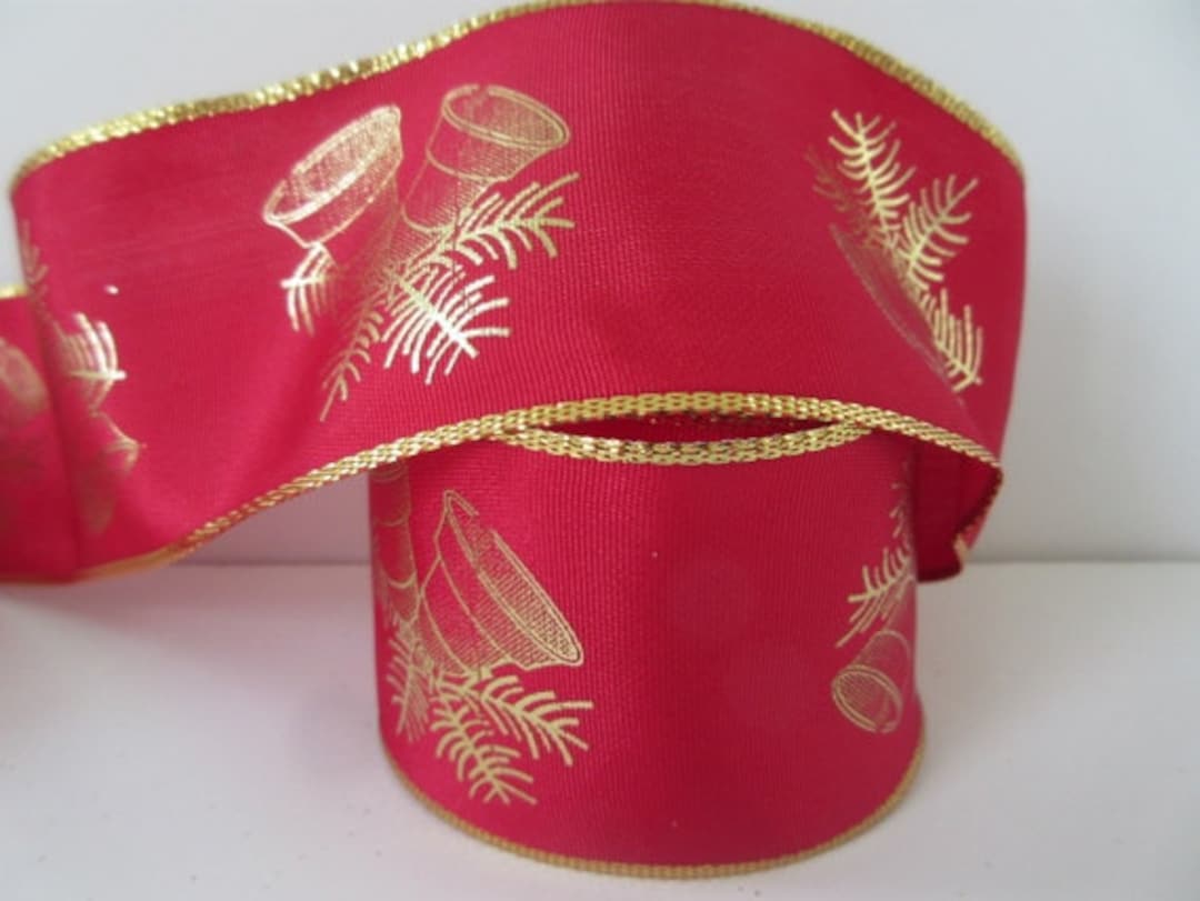 Red Christmas Ribbon Gold Bells Wired 2 1/2" Inch Wide Metallic Holiday ...