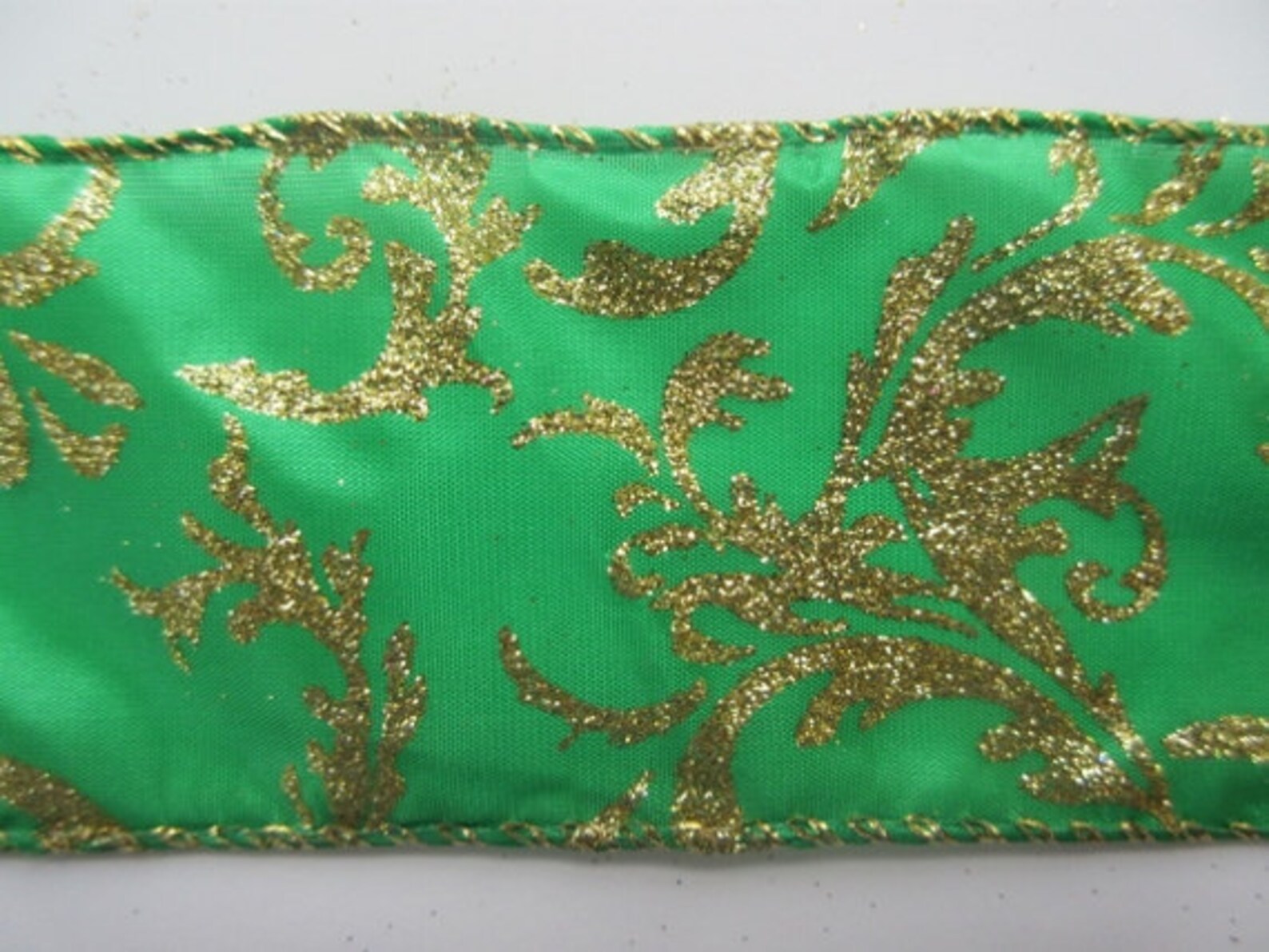 Green Ribbon With Gold Glitter Wired 2 1/2 Inch Wide - Etsy