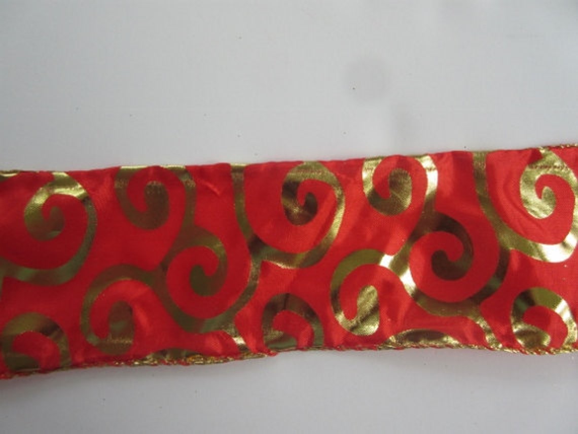 Red Ribbon With Gold Scroll Metallic Ribbon Wired 2 1/2 - Etsy