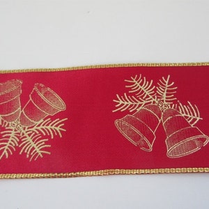 Red Christmas Ribbon Gold Bells Wired 2 1/2" Inch Wide Metallic Holiday ...