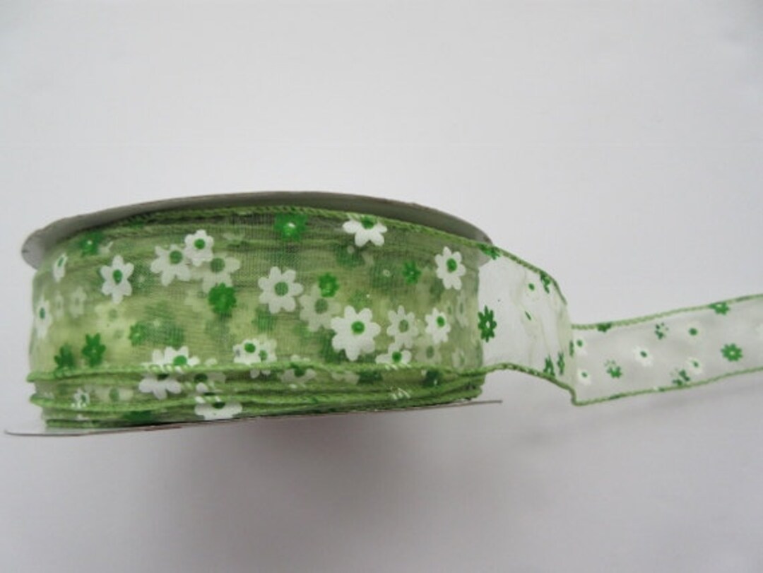 20% DISCOUNT Green Sheer Ribbon With Flowers Daisy Spring Ribbon Wired ...