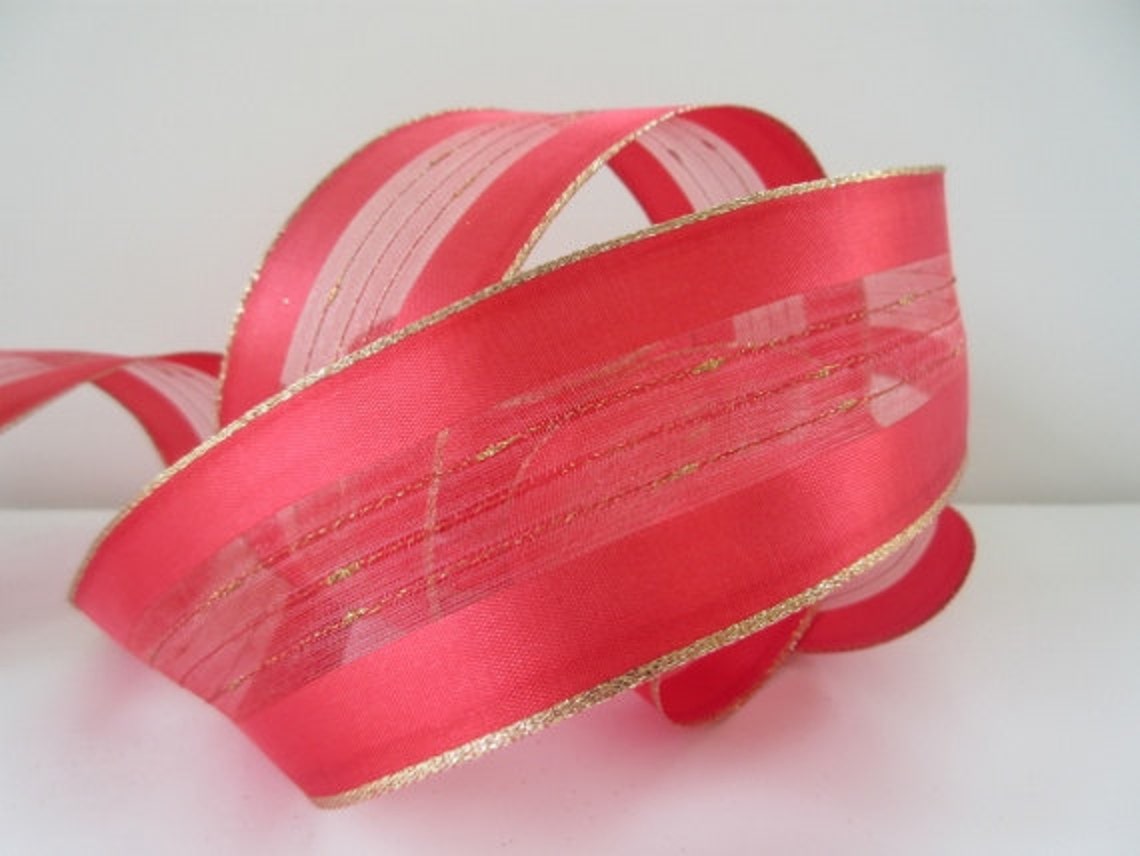 Red Semi Sheer Ribbon Gold Glitter Holiday Wired Ribbon | Etsy