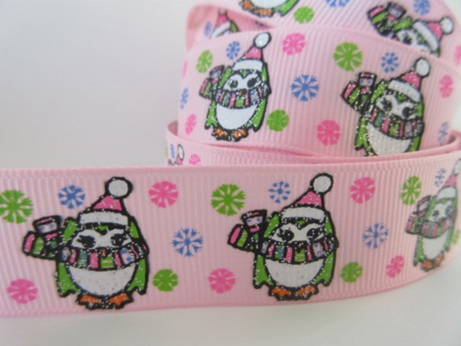 Pink Owl Christmas Ribbon 7/8 Inch Wide Snowflake Green - Etsy