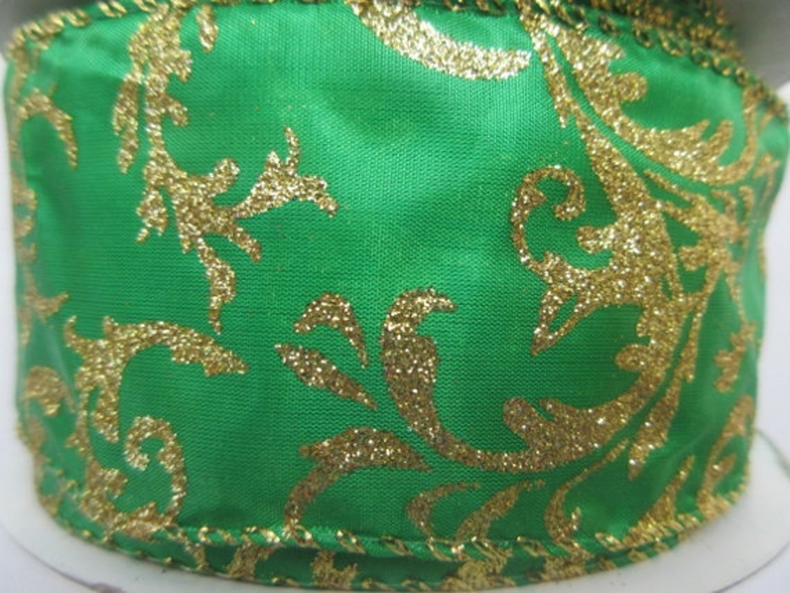 Green Ribbon With Gold Glitter Wired 2 1/2 Inch Wide - Etsy