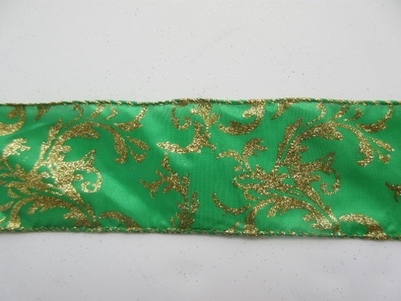 Green Ribbon With Gold Glitter Wired 2 1/2 Inch Wide - Etsy
