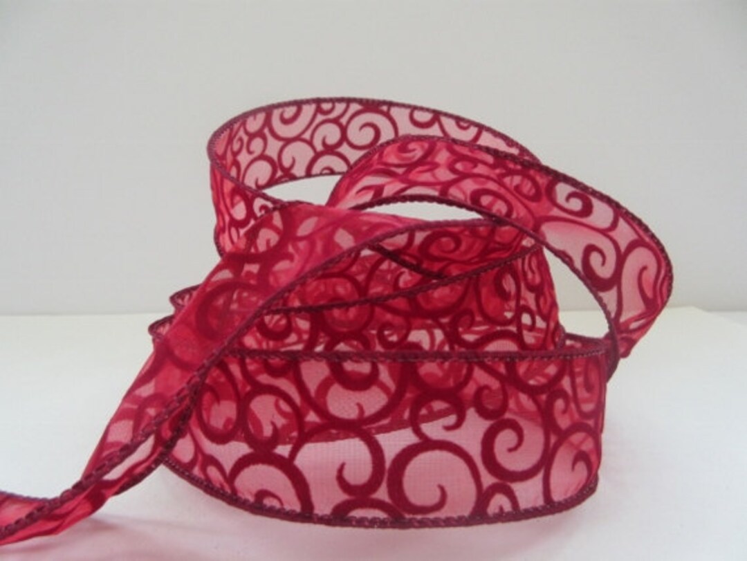 Red Sheer Ribbon With Velvet Scroll Wired 1 1/2" Inch Wide Christmas ...