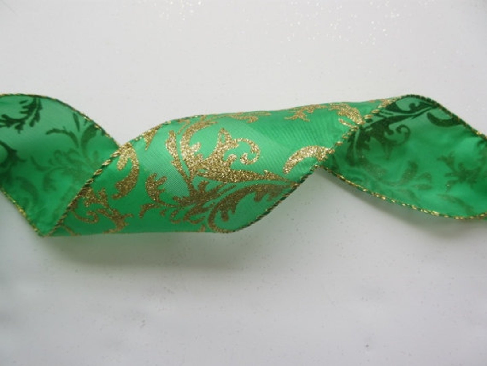 Green Ribbon With Gold Glitter Wired 2 1/2 Inch Wide - Etsy