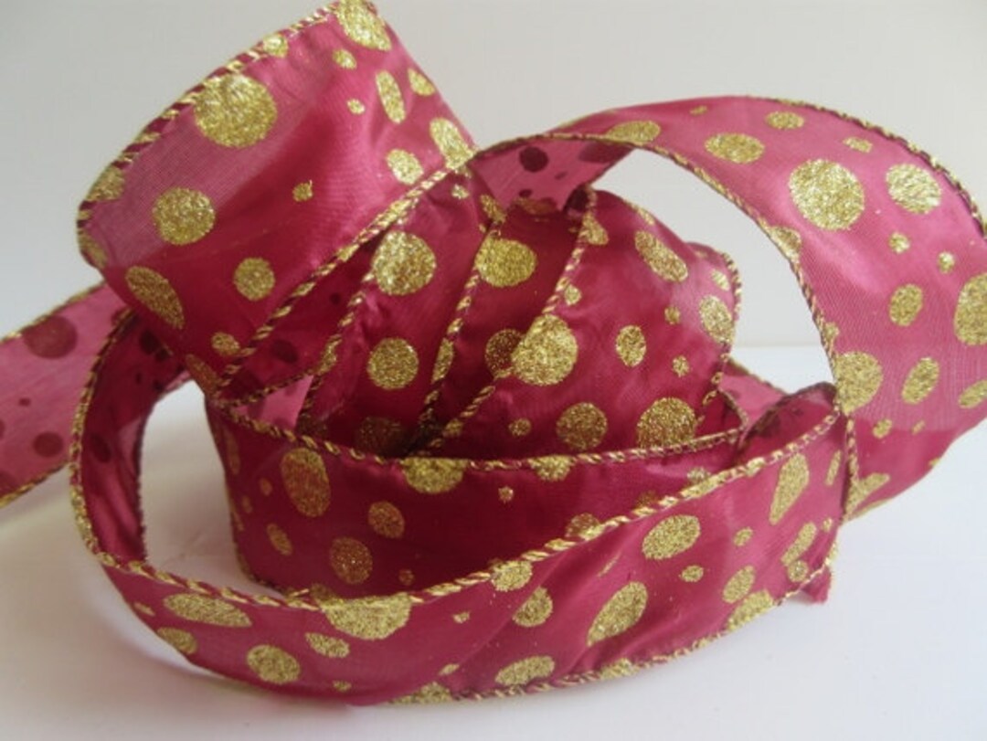 Burgundy Ribbon With Gold Glitter Dots Holiday Wired Ribbon 1 1/2" Inch ...