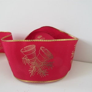 Red Christmas Ribbon Gold Bells Wired 2 1/2" Inch Wide Metallic Holiday ...