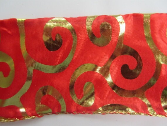 Red Ribbon With Gold Scroll Metallic Ribbon Wired 2 1/2 - Etsy