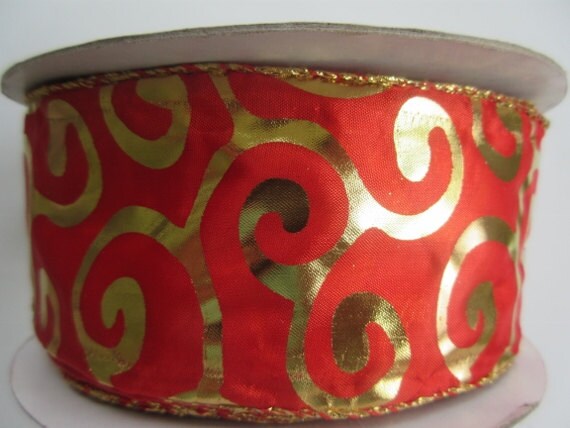 Red Ribbon With Gold Scroll Metallic Ribbon Wired 2 1/2 - Etsy
