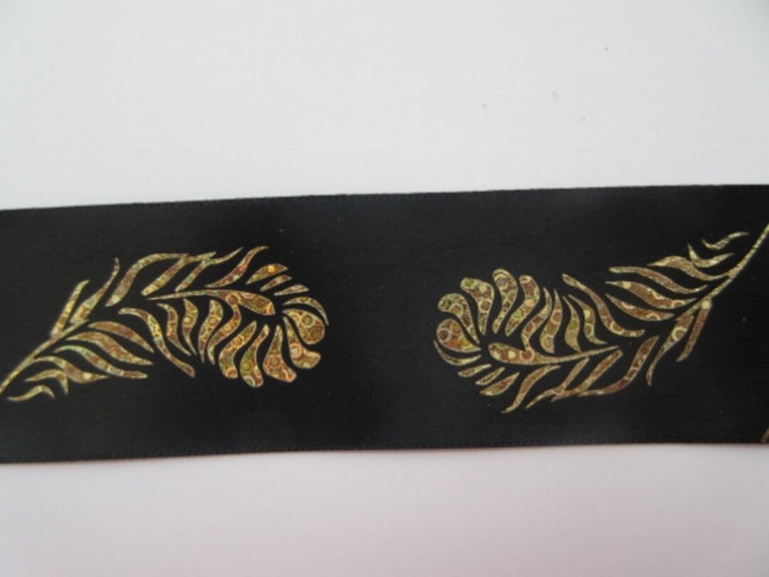 Gold Feather Ribbon 1 1/2" Inch Wide Holiday Ribbon Scrapbook Metallic ...