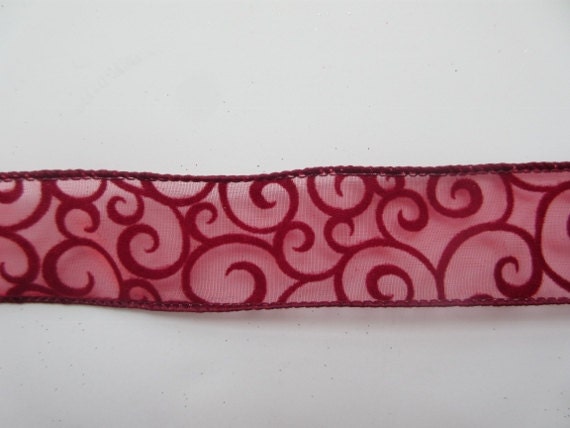 Red Sheer Ribbon With Velvet Scroll Wired 1 1/2 Inch | Etsy
