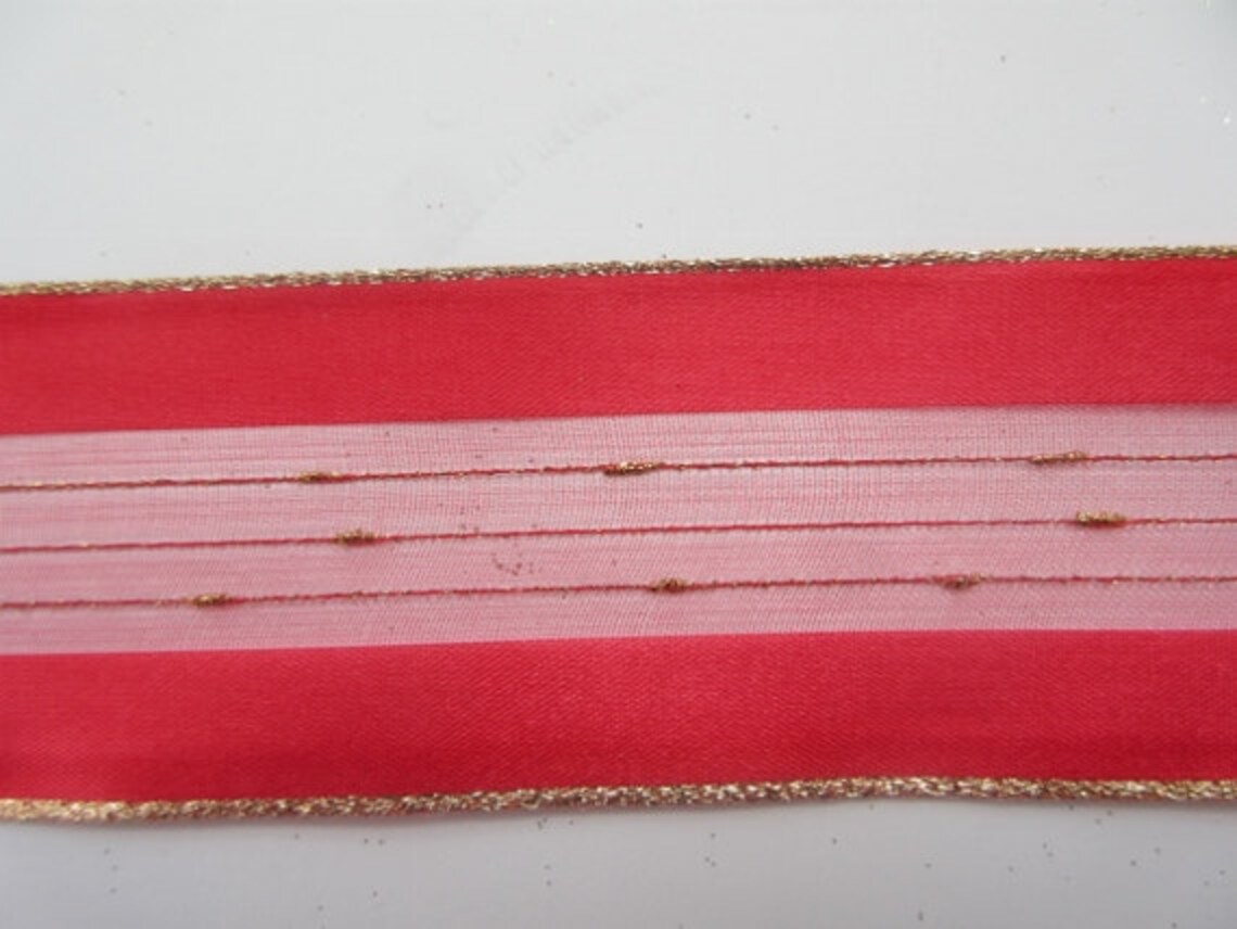 Red Semi Sheer Ribbon Gold Glitter Holiday Wired Ribbon | Etsy