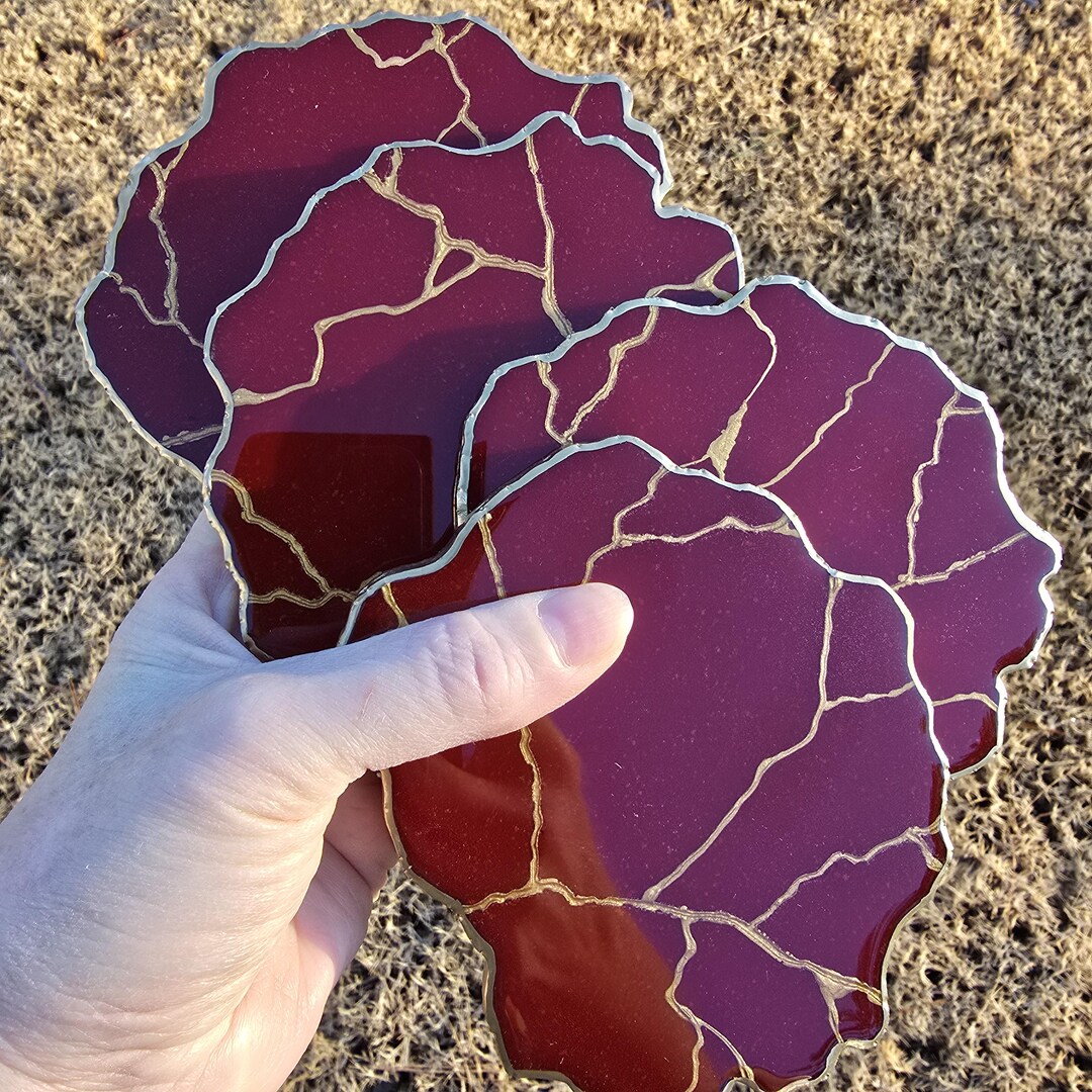 Kintsugi Coasters (set of 4) - Deep Red Resin With Gold Cracks - Etsy