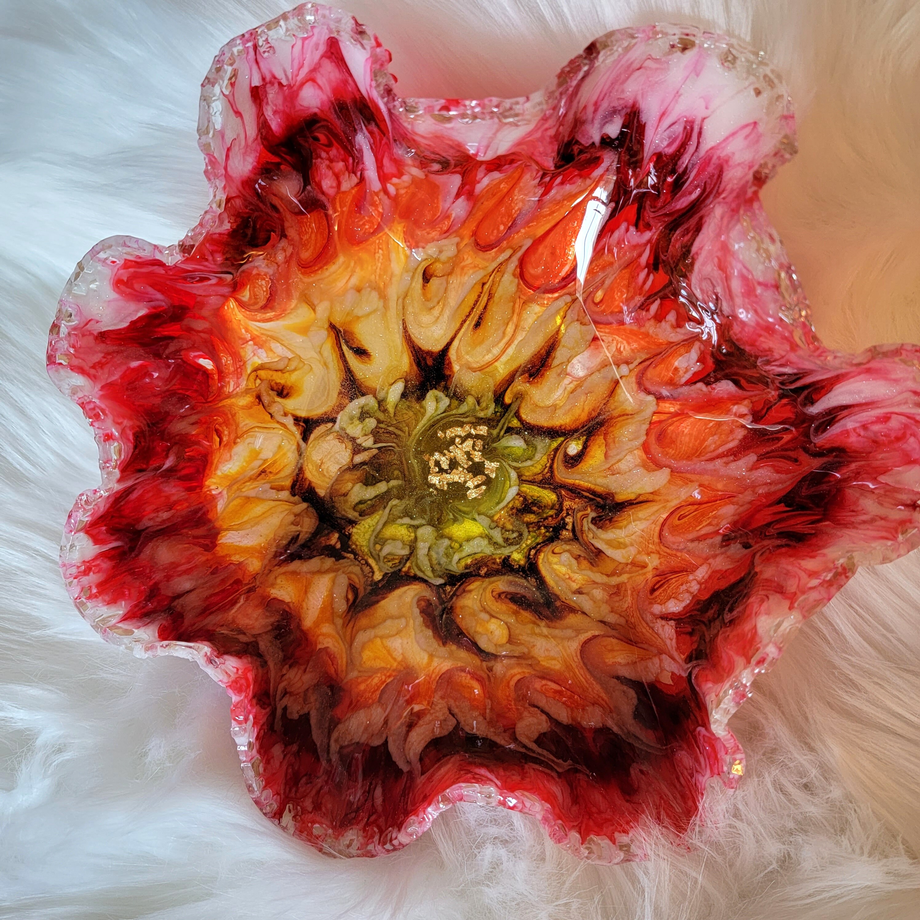 Red to Golden Yellow Fire Resin Bowl With Crushed Glass Edges. 11x4.5 ...