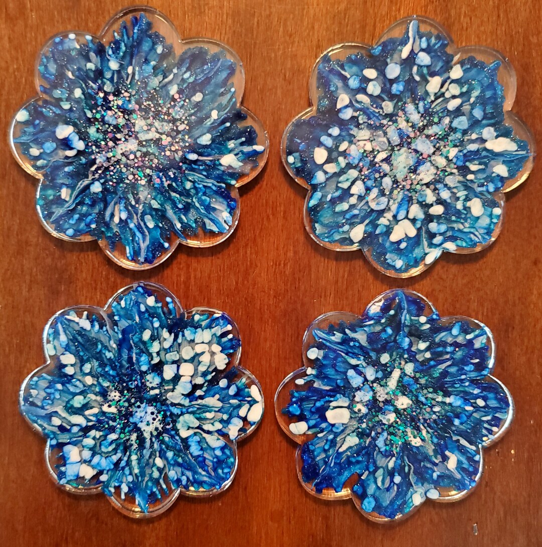 Resin Flower Coasters, Shimmering Blue Glitter, Heat Resistant, Set of ...