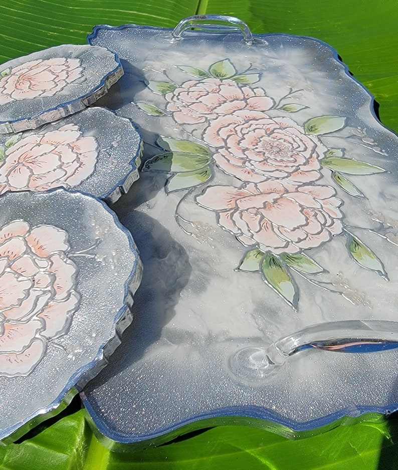 14"x8" Shimmering Silver Gray Resin Tray and Set of 3 Coasters Hand ...